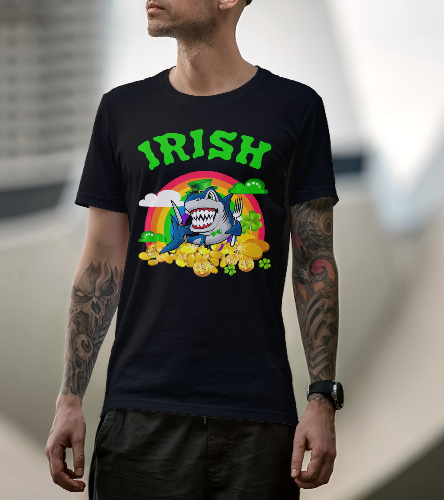 Irish Shark Funny St Patricks Day Leprechaun Rainbow Coins T-Shirt