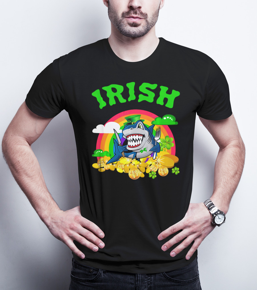 Irish Shark Funny St Patricks Day Leprechaun Rainbow Coins T-Shirt