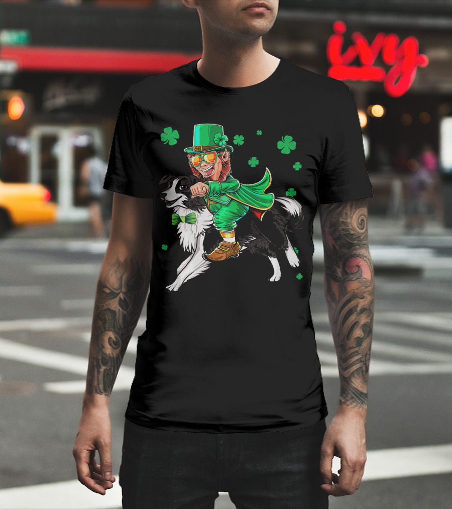 Leprechaun Riding Border Collie With Shamrocks T-Shirt