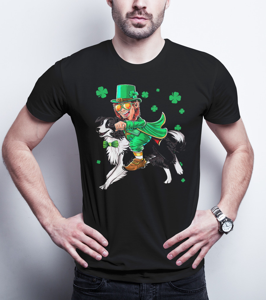 Leprechaun Riding Border Collie With Shamrocks T-Shirt