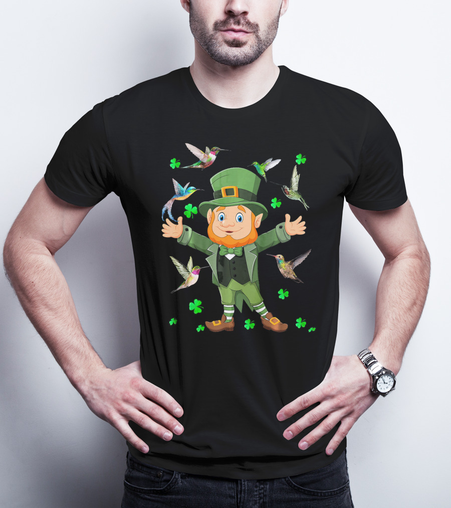 St Patricks Day Leprechaun With Hummingbirds And Shamrocks T-Shirt