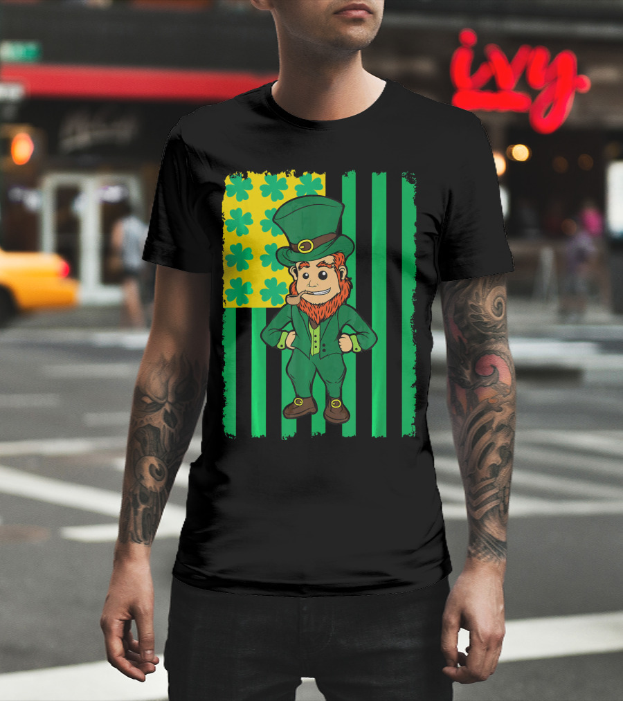 Irish American Leprechaun With Clover Flag T-Shirt
