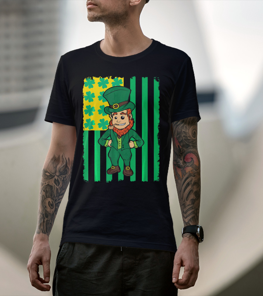 Irish American Leprechaun With Clover Flag T-Shirt