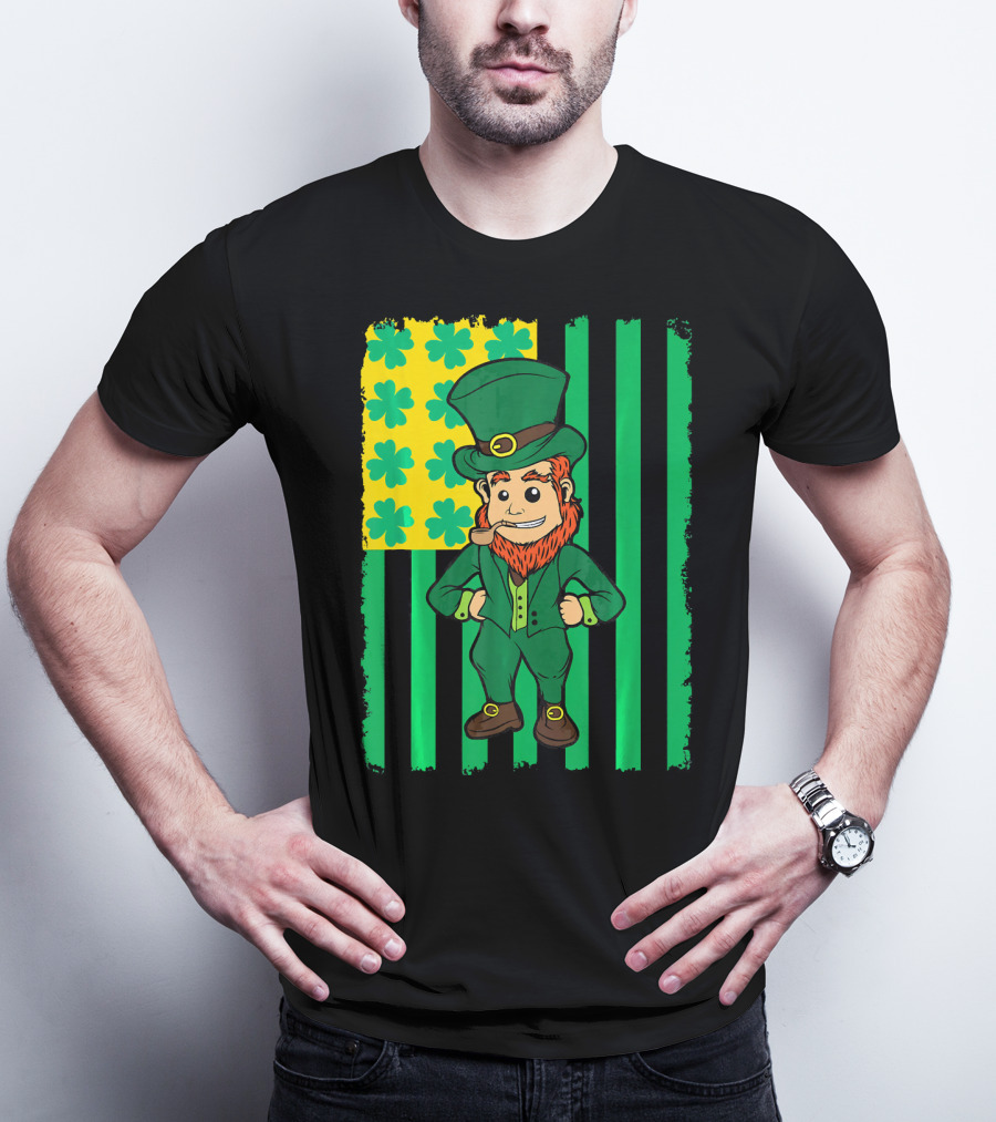 Irish American Leprechaun With Clover Flag T-Shirt