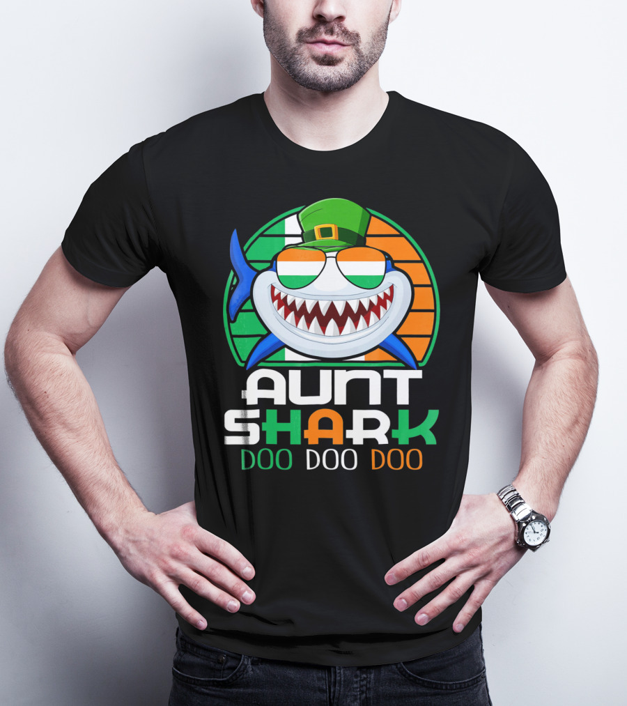 Aunt Shark Doo Doo Doo Funny St. Patrick's Day Irish Flag And Hat T-Shirt