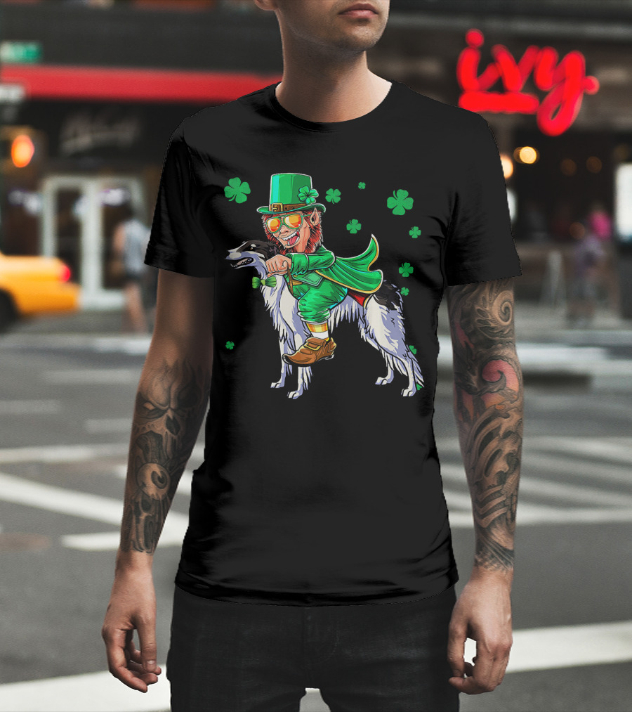 Leprechaun Riding Borzoi With Shamrocks St. Patrick's Day T-Shirt