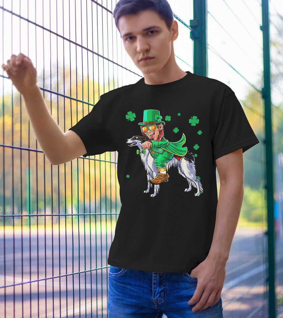 Leprechaun Riding Borzoi With Shamrocks St. Patrick's Day T-Shirt