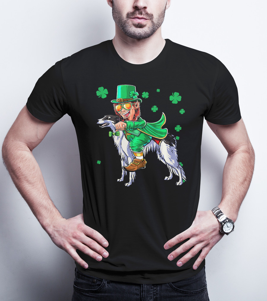 Leprechaun Riding Borzoi With Shamrocks St. Patrick's Day T-Shirt