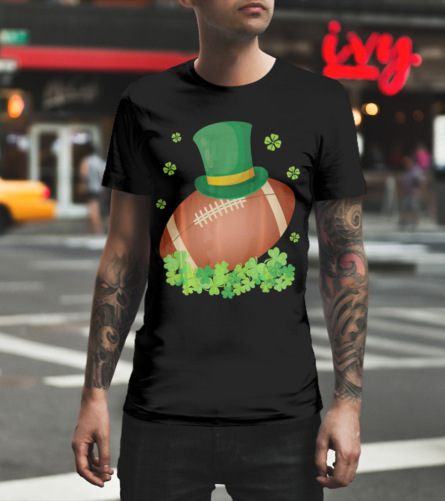 Leprechaun Hat On Football Surrounded By Clovers T-Shirt