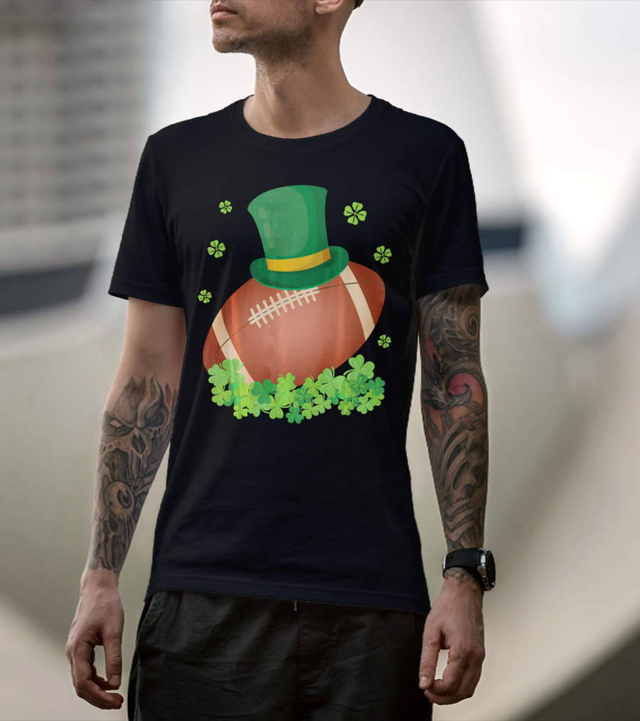 Leprechaun Hat On Football Surrounded By Clovers T-Shirt