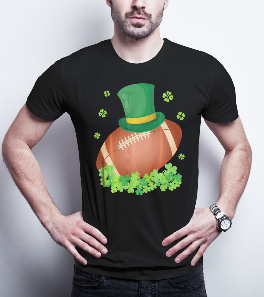 Leprechaun Hat On Football Surrounded By Clovers T-Shirt