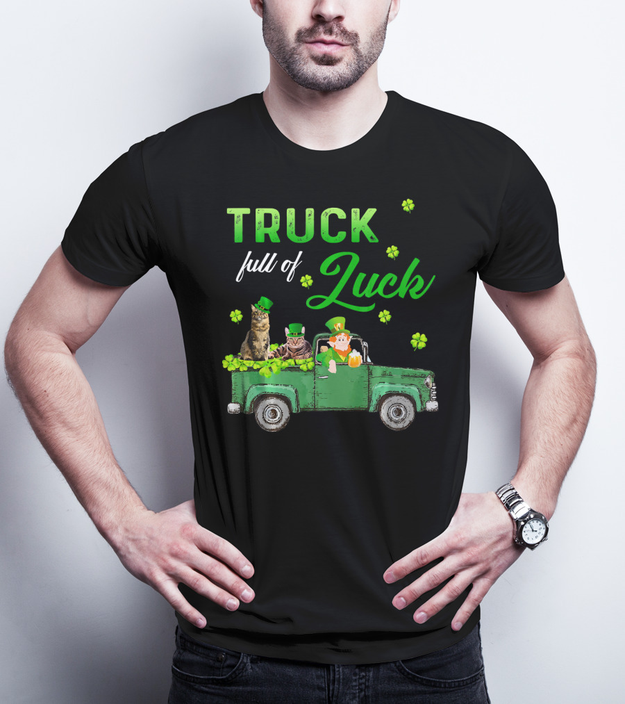 Truck Full Of Luck Cats Leprechaun Shamrocks T-Shirt