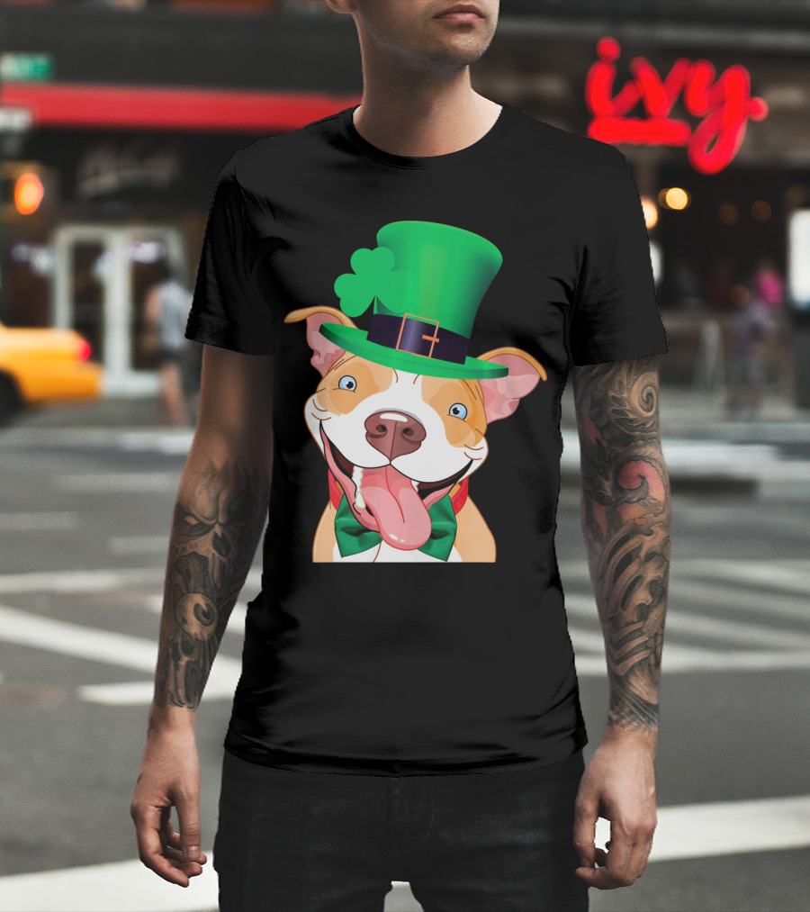Irish Pitbull St Patricks Day Funny Leprechaun Hat Shamrock T-Shirt