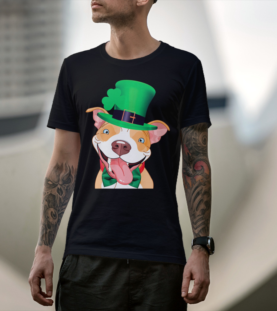 Irish Pitbull St Patricks Day Funny Leprechaun Hat Shamrock T-Shirt