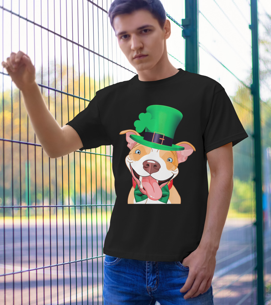 Irish Pitbull St Patricks Day Funny Leprechaun Hat Shamrock T-Shirt