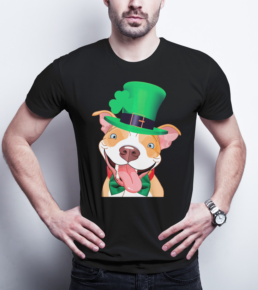 Irish Pitbull St Patricks Day Funny Leprechaun Hat Shamrock T-Shirt