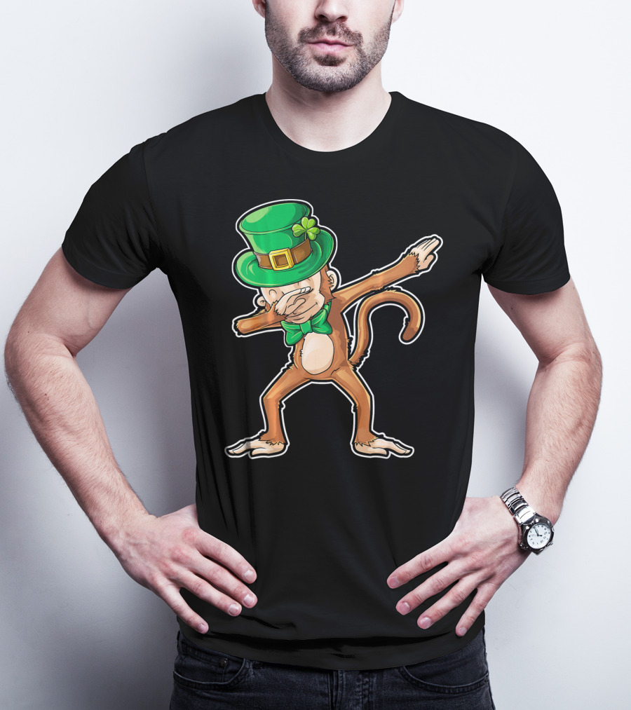 Dabbing Monkey St. Patrick's Day Leprechaun Hat Green Bow Tie T-Shirt