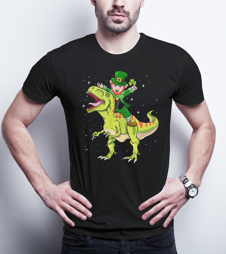 St Patricks Day Leprechaun Riding T Rex Dinosaur With Shamrock T-Shirt
