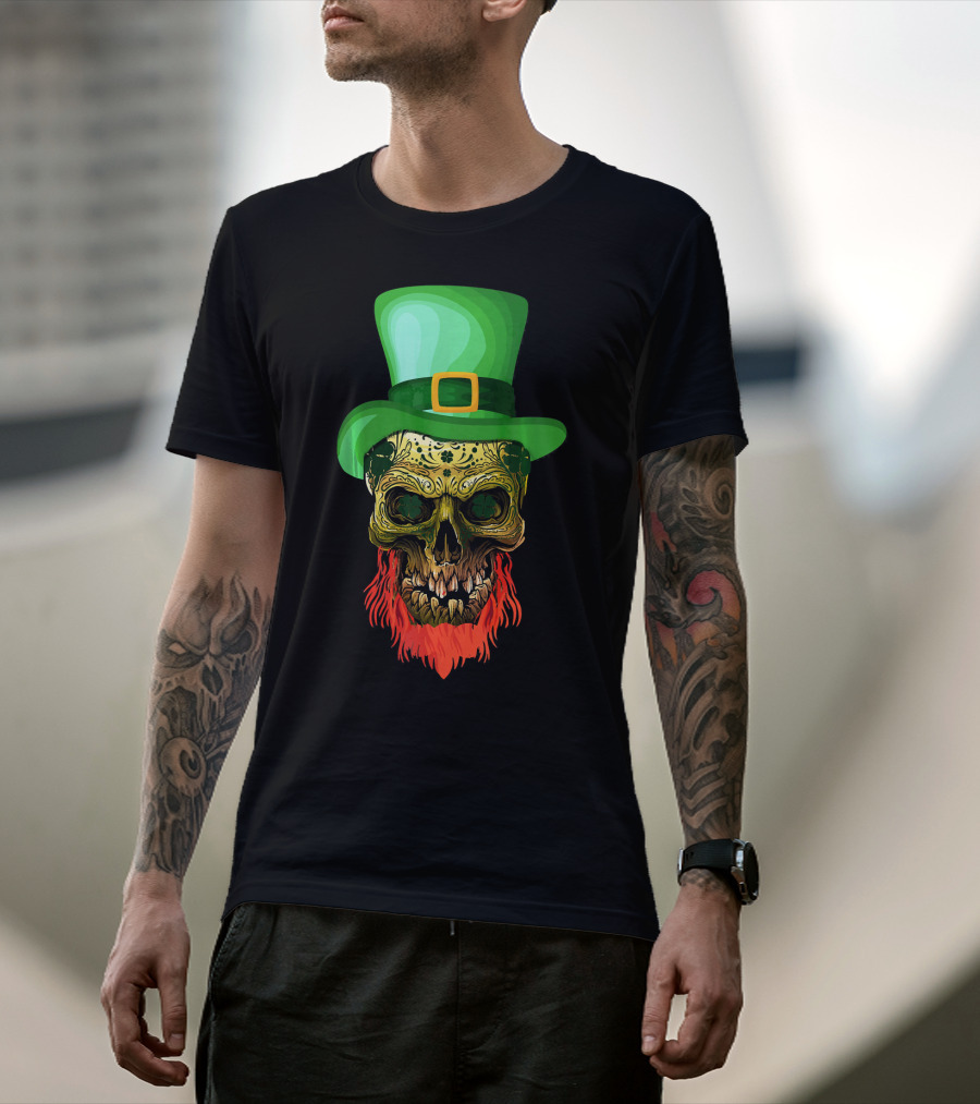 Skull Leprechaun Irish Green Hat Red Beard T-Shirt