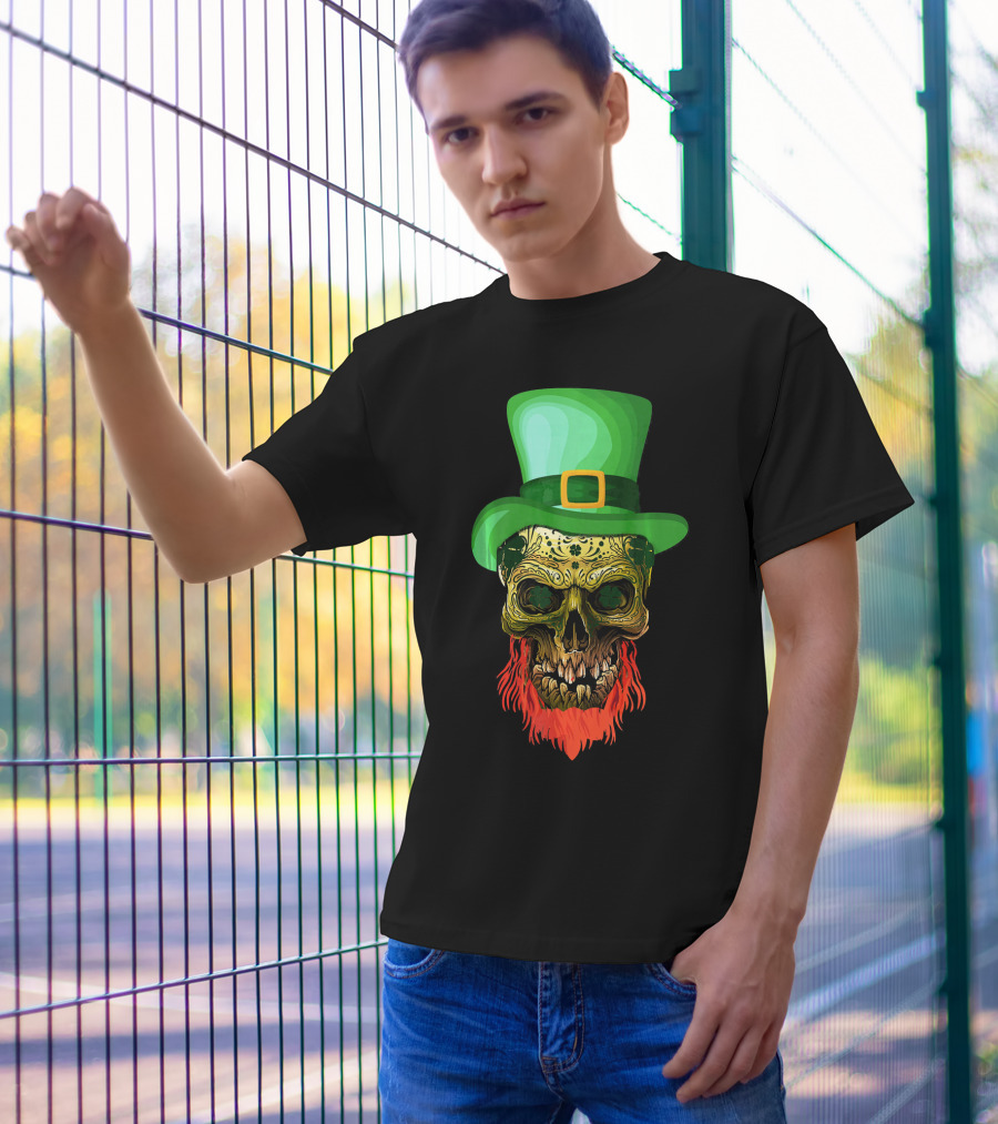 Skull Leprechaun Irish Green Hat Red Beard T-Shirt