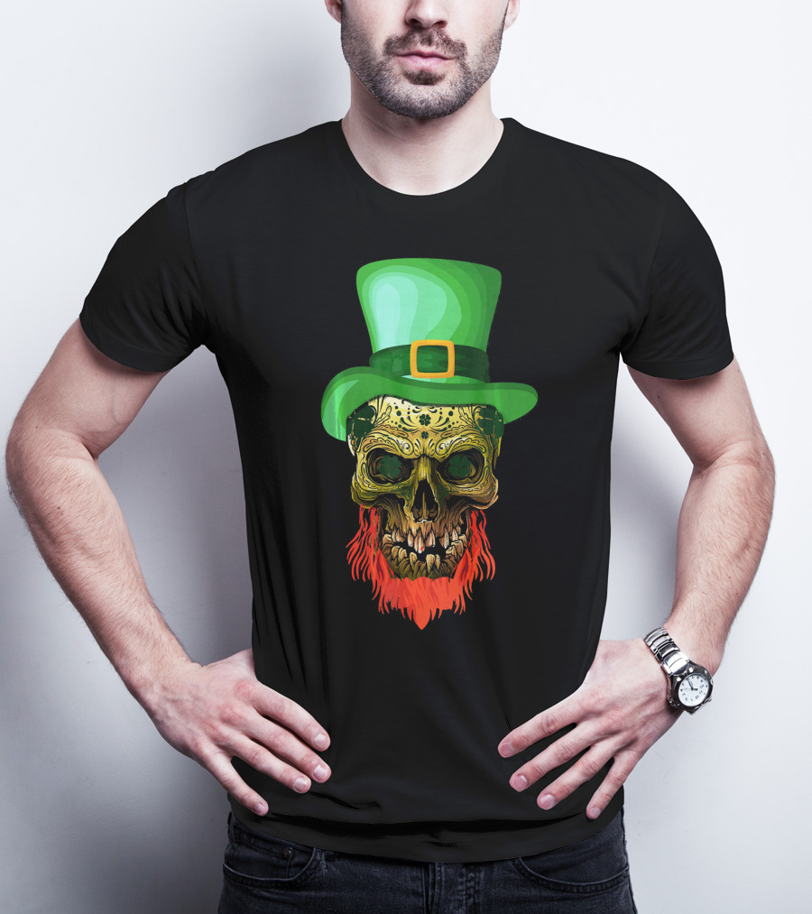 Skull Leprechaun Irish Green Hat Red Beard T-Shirt