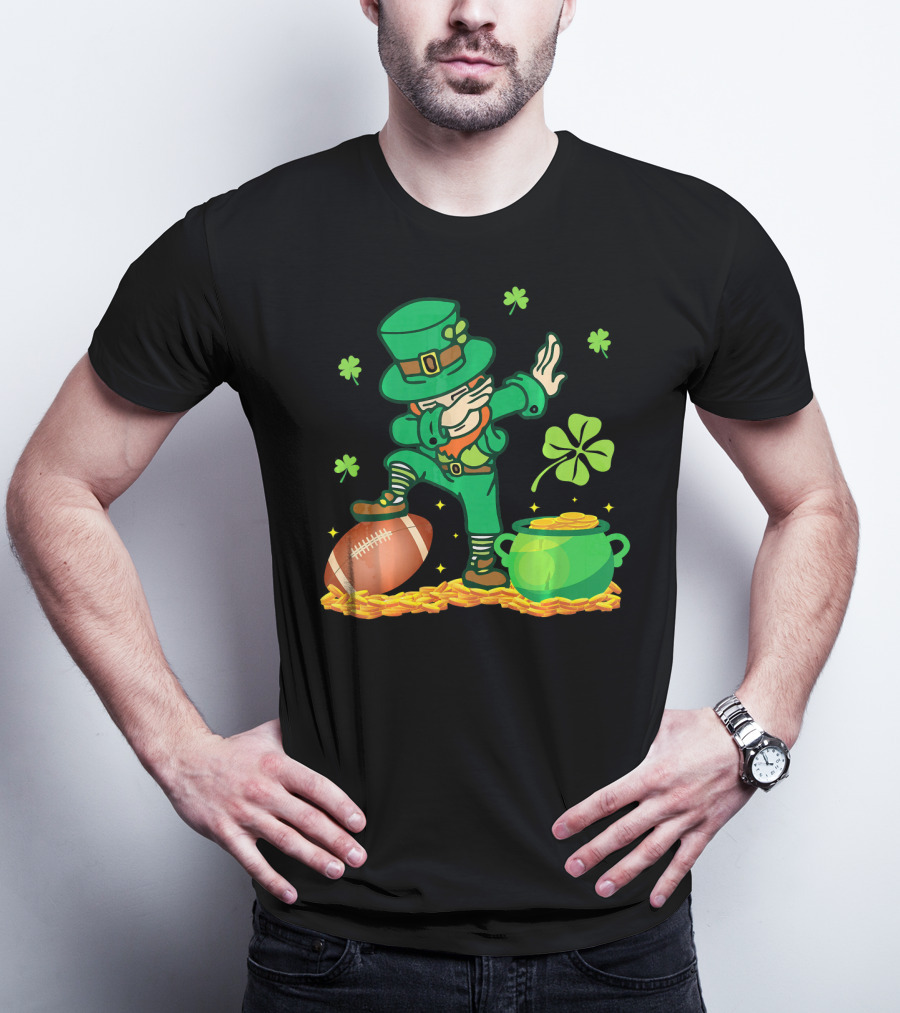 Leprechaun Dabbing With Football Shamrocks And Pot Of Gold T-Shirt