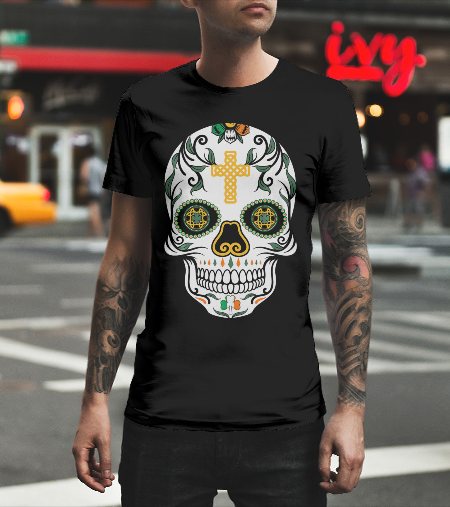 Cinco De Mayo Shamrock Sugar Skull Celtic Cross Floral T-Shirt