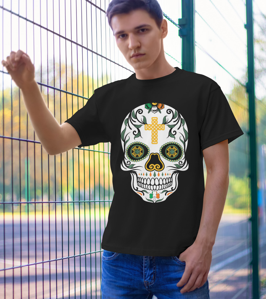 Cinco De Mayo Shamrock Sugar Skull Celtic Cross Floral T-Shirt