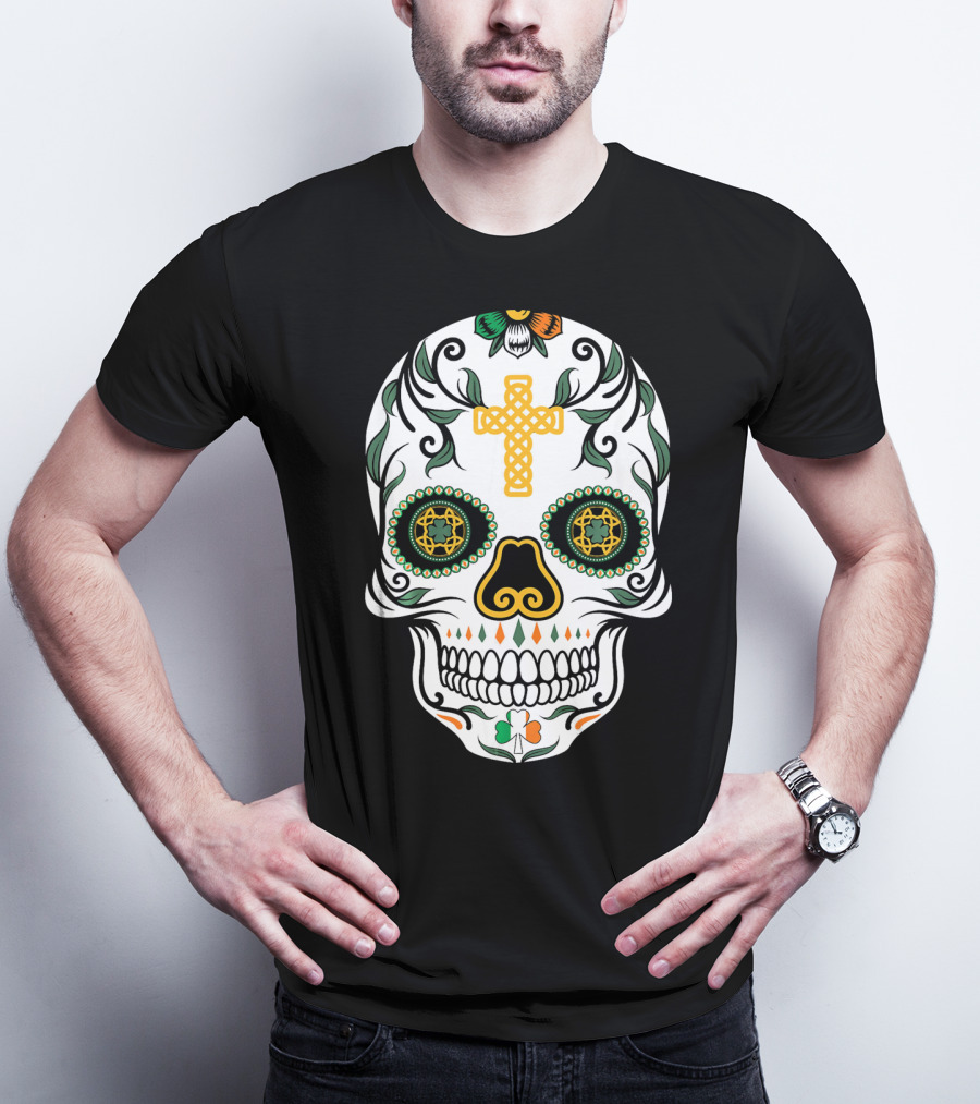 Cinco De Mayo Shamrock Sugar Skull Celtic Cross Floral T-Shirt