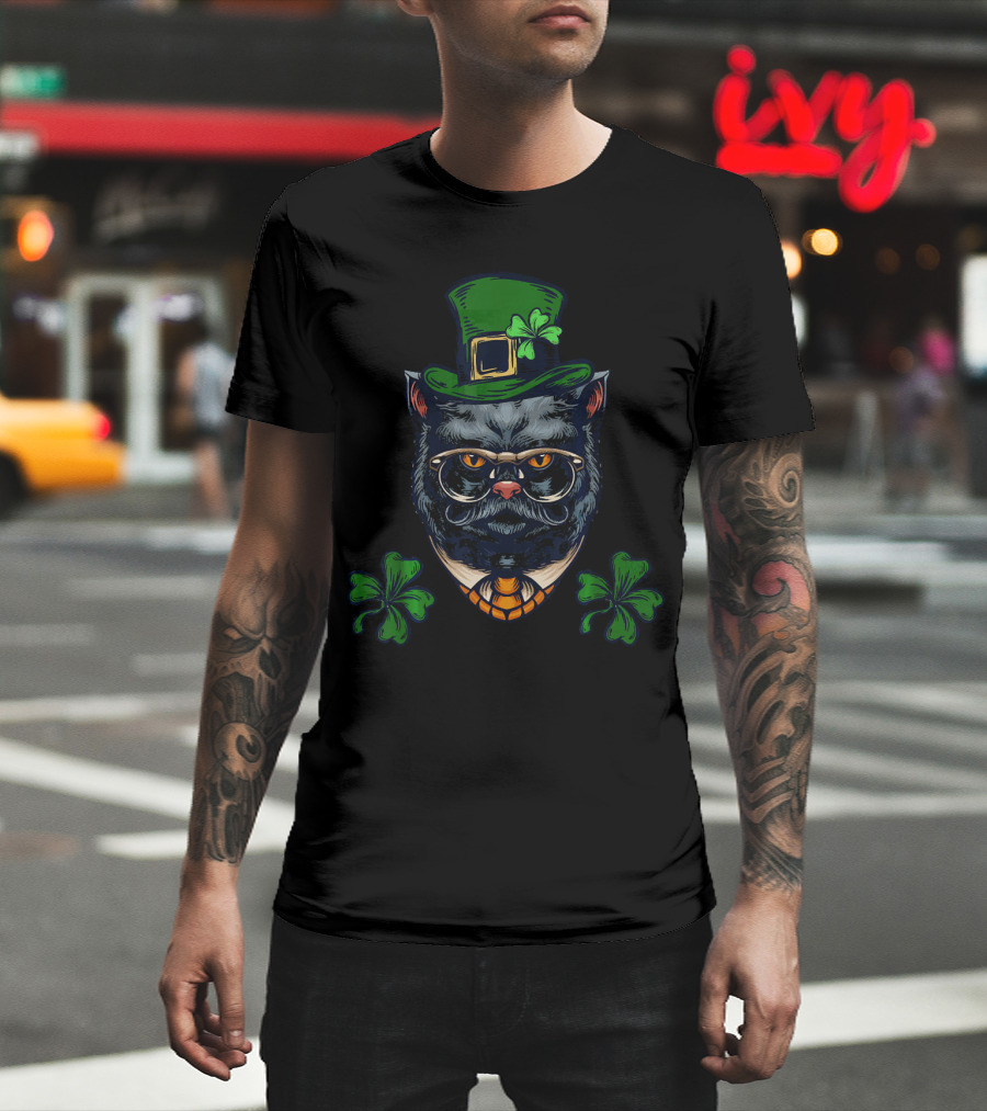 Funny Cat Mustache Leprechaun With Shamrocks And Glasses T-Shirt