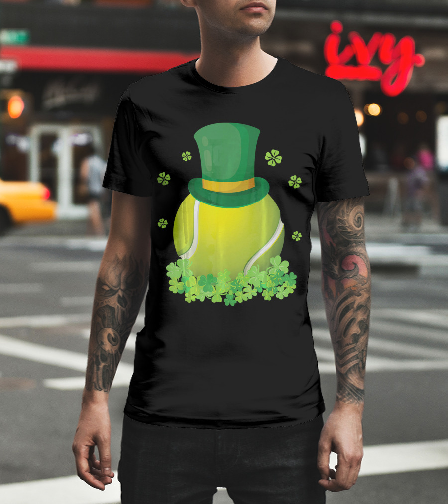 Leprechaun Hat Tennis Ball Surrounded By Shamrocks T-Shirt