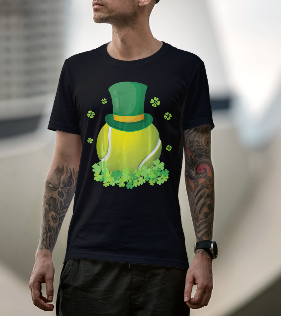 Leprechaun Hat Tennis Ball Surrounded By Shamrocks T-Shirt
