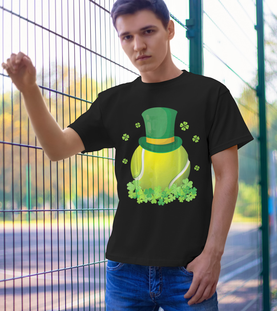 Leprechaun Hat Tennis Ball Surrounded By Shamrocks T-Shirt