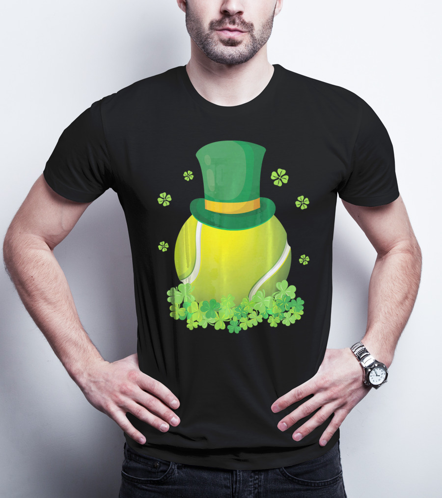 Leprechaun Hat Tennis Ball Surrounded By Shamrocks T-Shirt