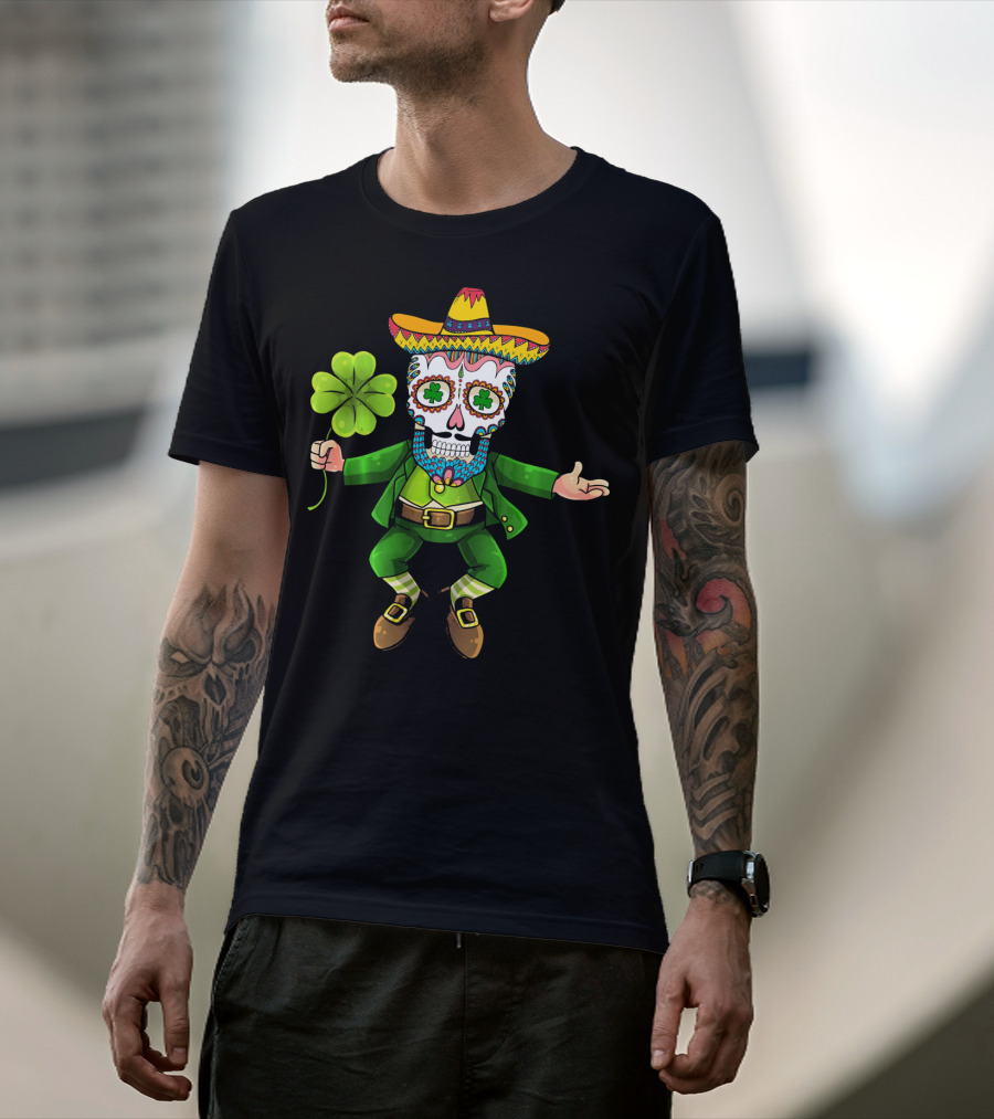 Cinco De Mayo Leprechaun Sugar Skull Sombrero And Shamrock T-Shirt
