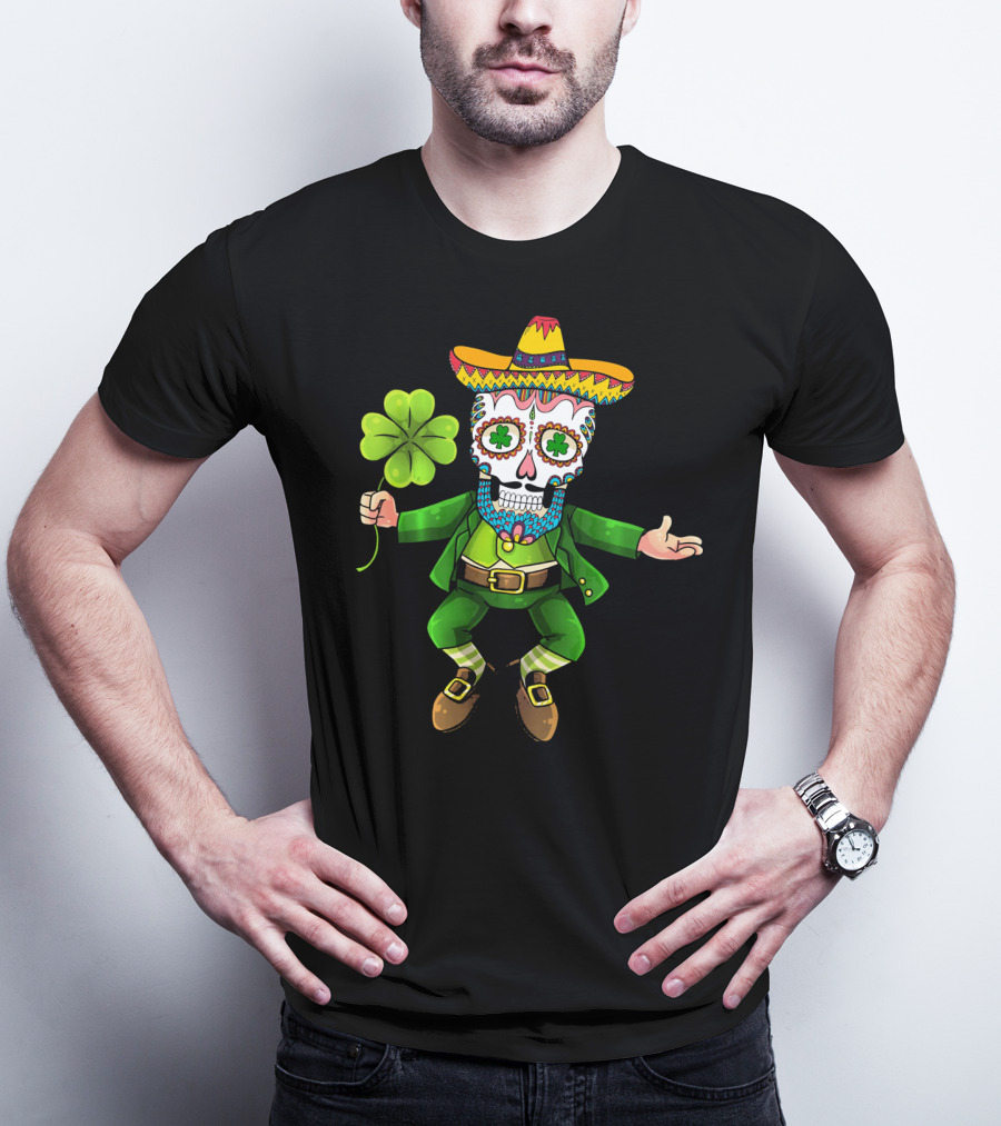 Cinco De Mayo Leprechaun Sugar Skull Sombrero And Shamrock T-Shirt