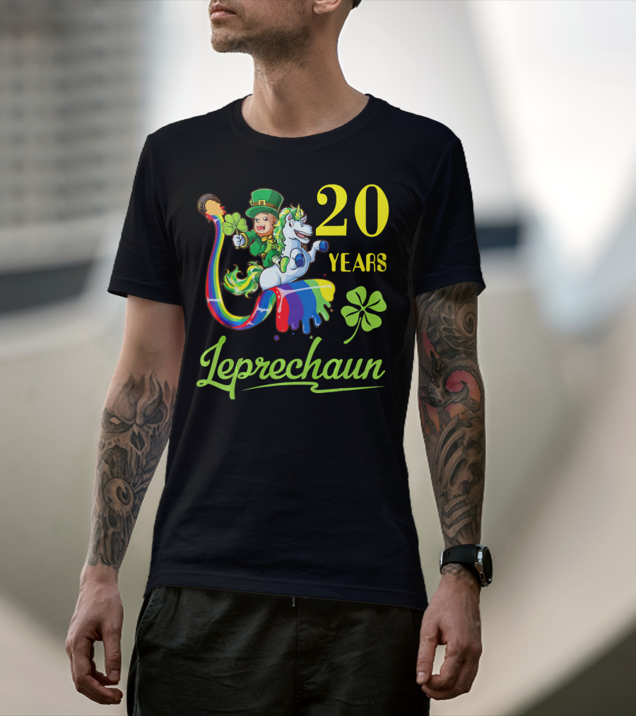 20 Years Leprechaun Riding Unicorn Rainbow Shamrock T-Shirt
