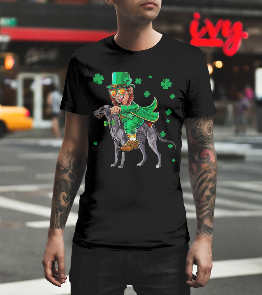 Leprechaun Riding Scottish Deerhound With Shamrocks T-Shirt