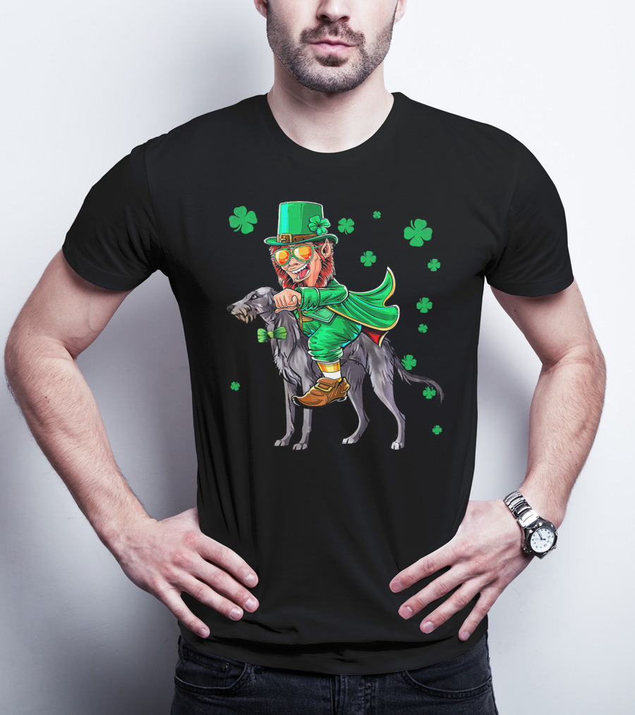 Leprechaun Riding Scottish Deerhound With Shamrocks T-Shirt