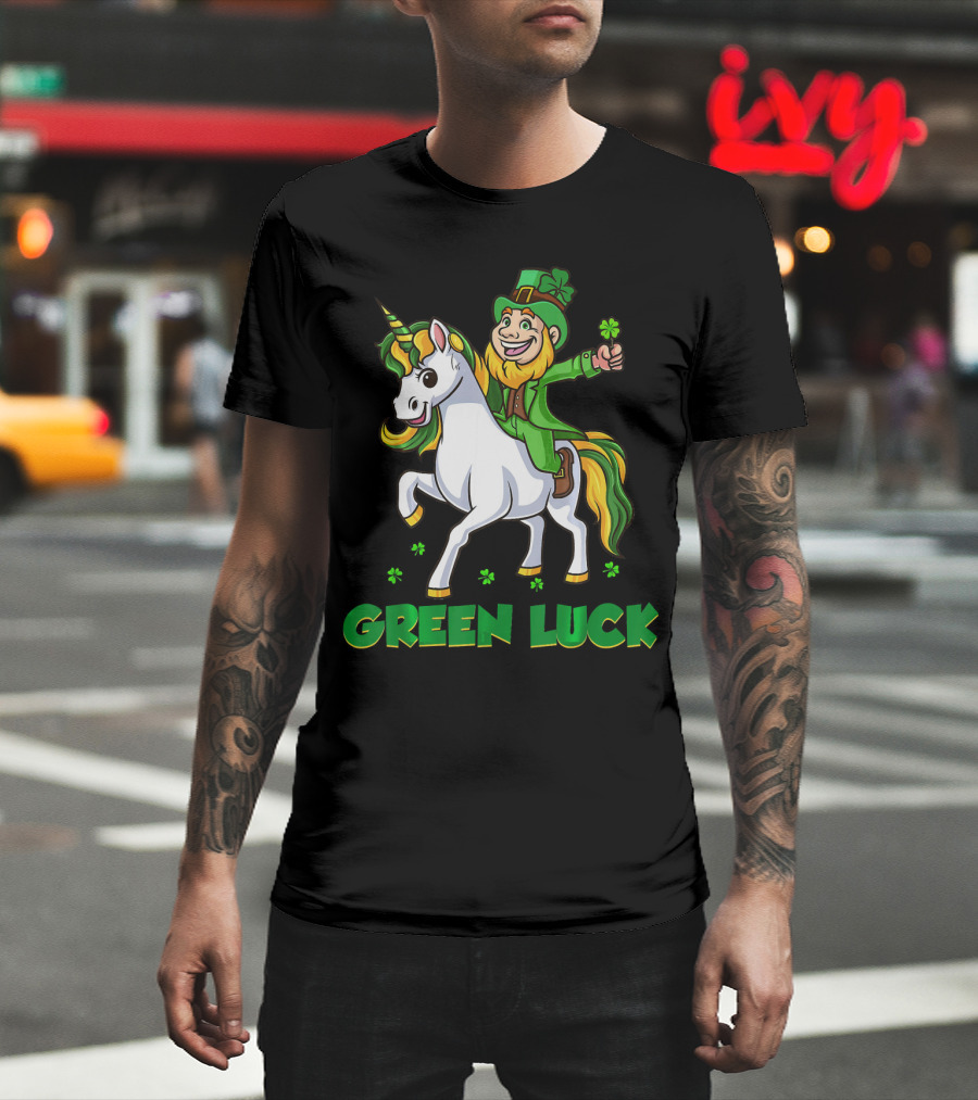 Green Luck Leprechaun Holding Shamrock Riding Unicorn T-Shirt