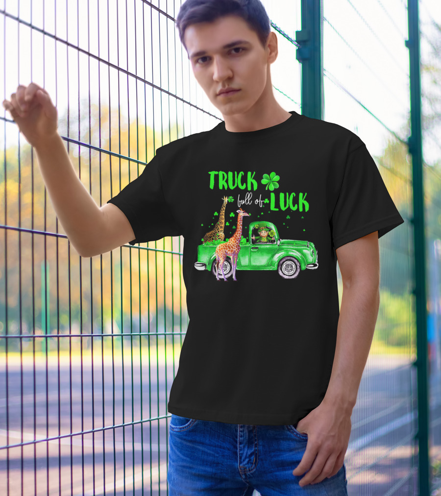 Truck Full Of Luck Giraffe Leprechaun In Green Clover Pickup T-Shirt