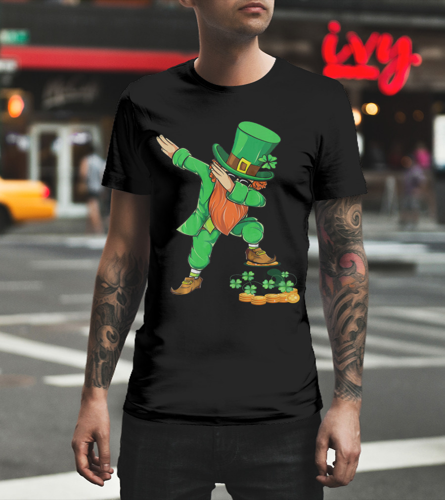Leprechaun Dabbing With Shamrocks And Gold Coins T-Shirt