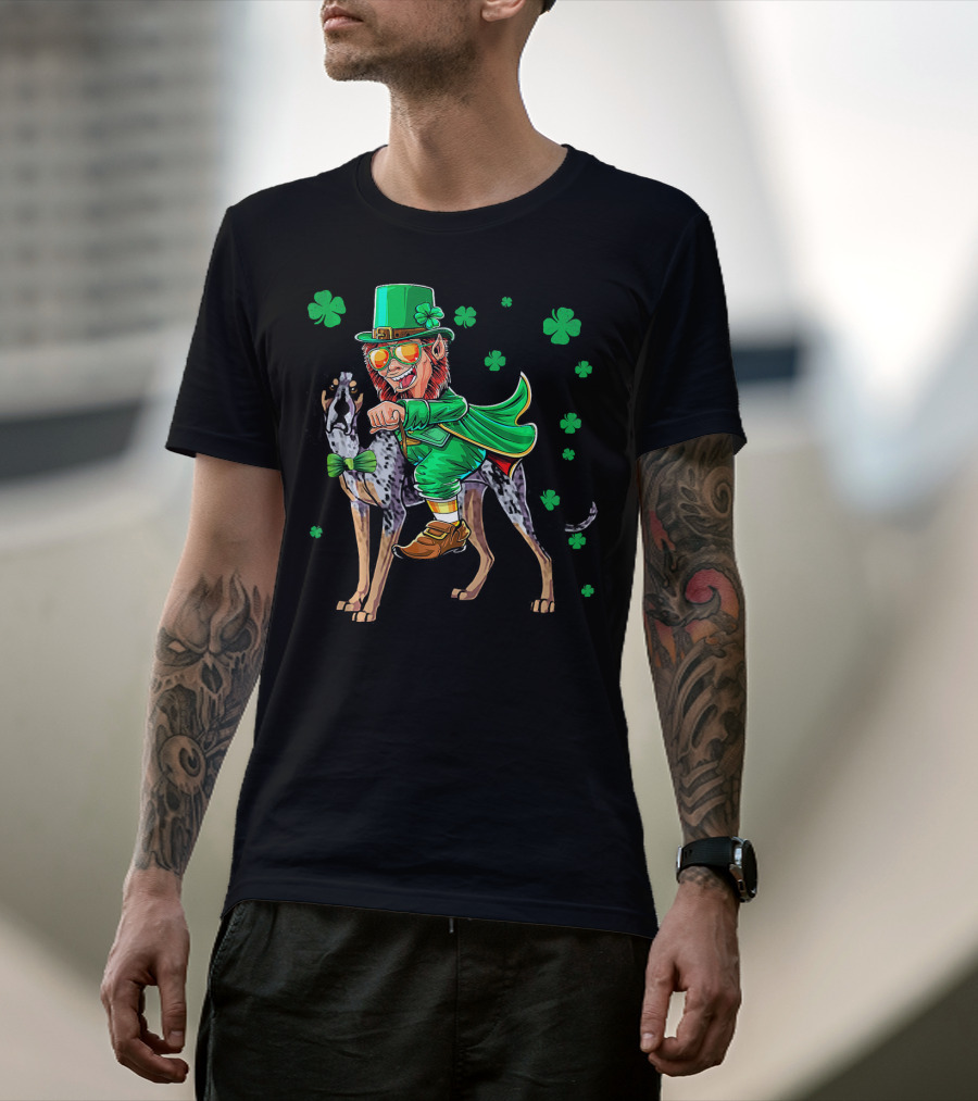 Leprechaun Riding Bluetick Coonhound With Shamrock Accents T-Shirt