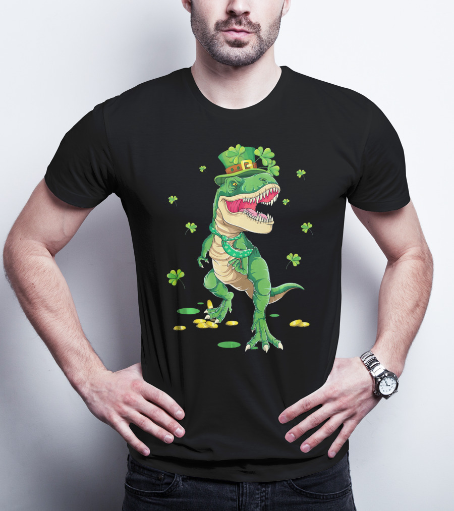 Happy St. Patrick’s Day Dinosaur Leprechaun Shamrocks Gold T-Shirt