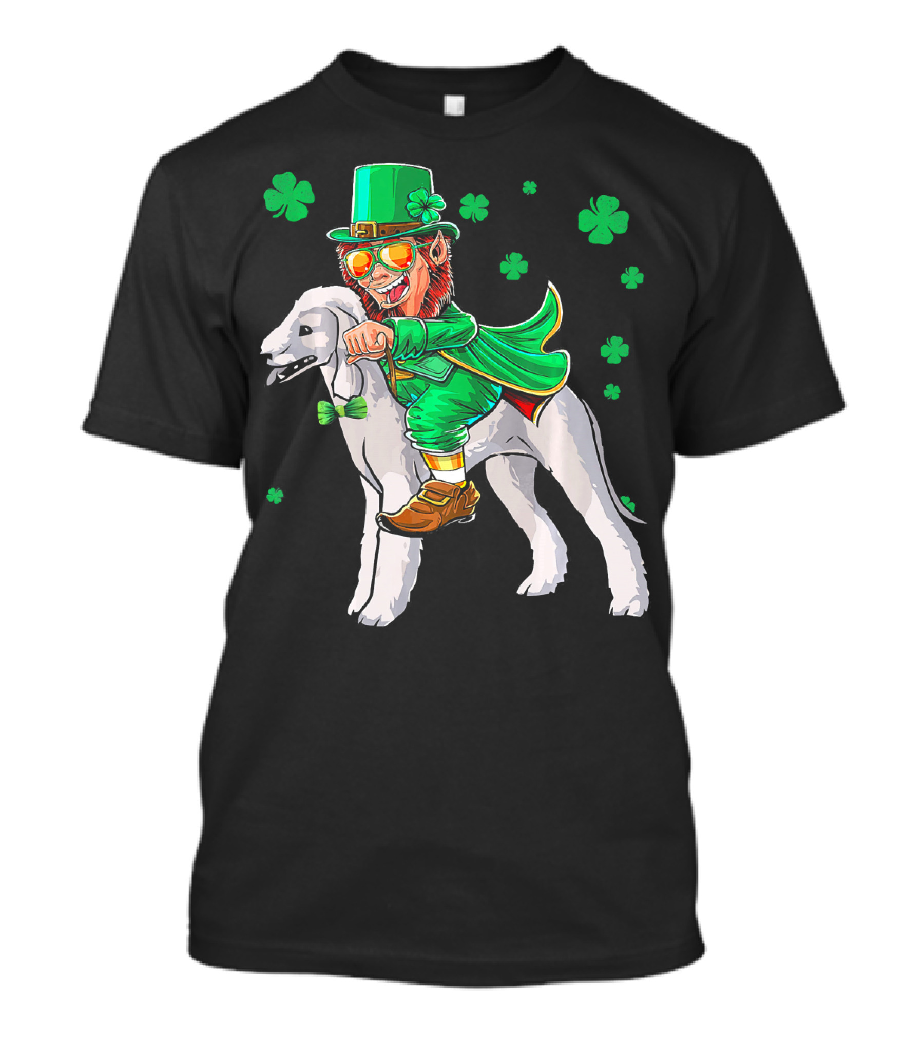 Leprechaun Riding Bedlington Terrier With Shamrock Elements T-Shirt