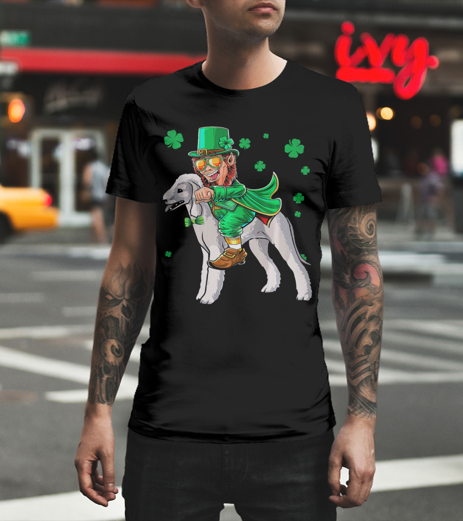 Leprechaun Riding Bedlington Terrier With Shamrock Elements T-Shirt