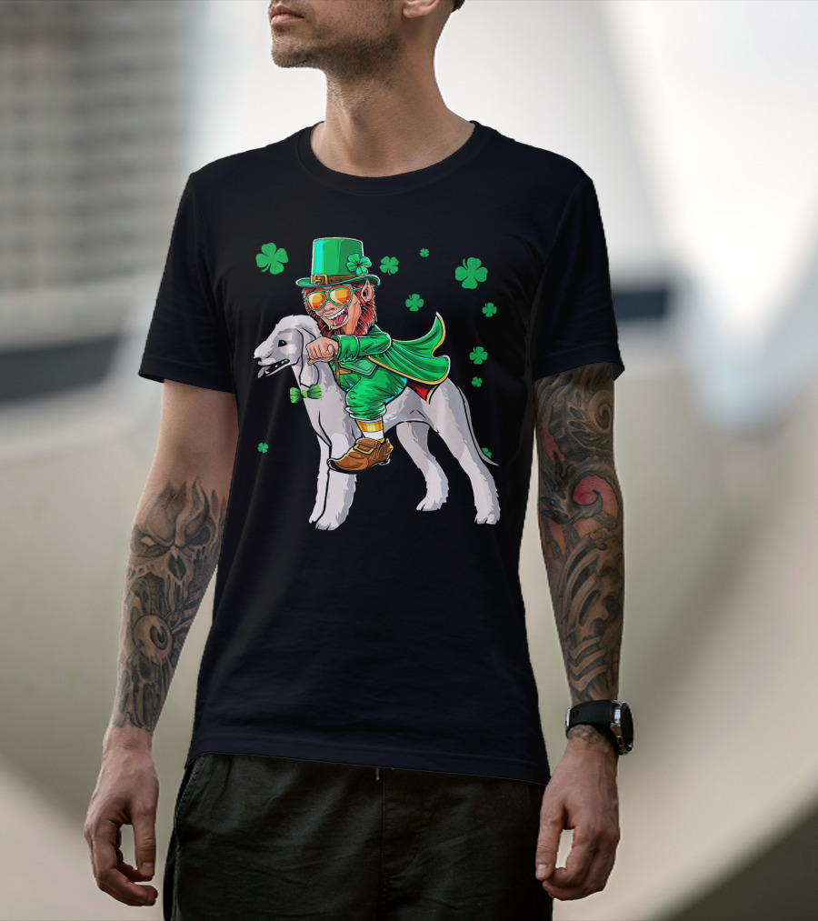 Leprechaun Riding Bedlington Terrier With Shamrock Elements T-Shirt