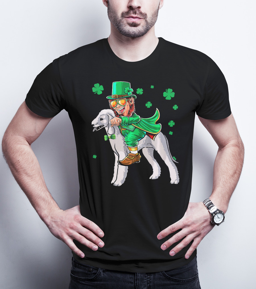 Leprechaun Riding Bedlington Terrier With Shamrock Elements T-Shirt