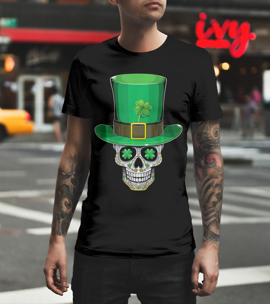 St Patricks Day Shamrock Sugar Skull Leprechaun T-Shirt