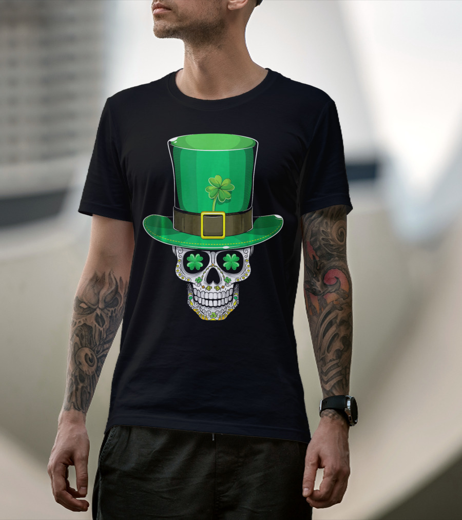 St Patricks Day Shamrock Sugar Skull Leprechaun T-Shirt
